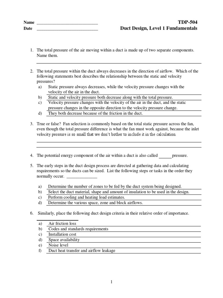 TDP 504 - Duct Design Level 1 Fundamentals - Quiz | PDF | Duct (Flow) | Applied And ...