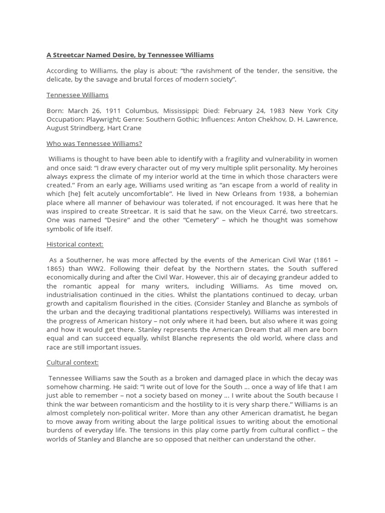 A Streetcar Named Desire - Context and Symbolism | PDF | General Fiction
