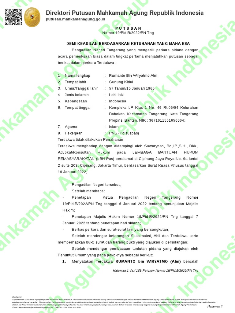 Putusan PN Tangerang: Kasus Rumanto | PDF