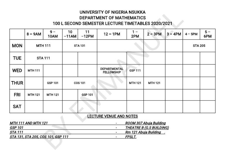 MTH 100L Sem I Lecture Timetable | PDF