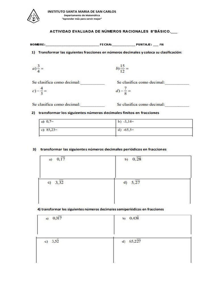 ACTIVIDAD EVALUADA DE NÚMEROS RACIONALES 8vo Rec | PDF