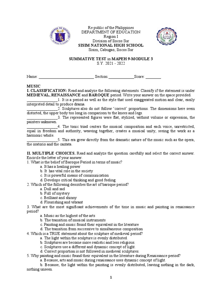 Summative Test - Mapeh 9 - WK3 | PDF