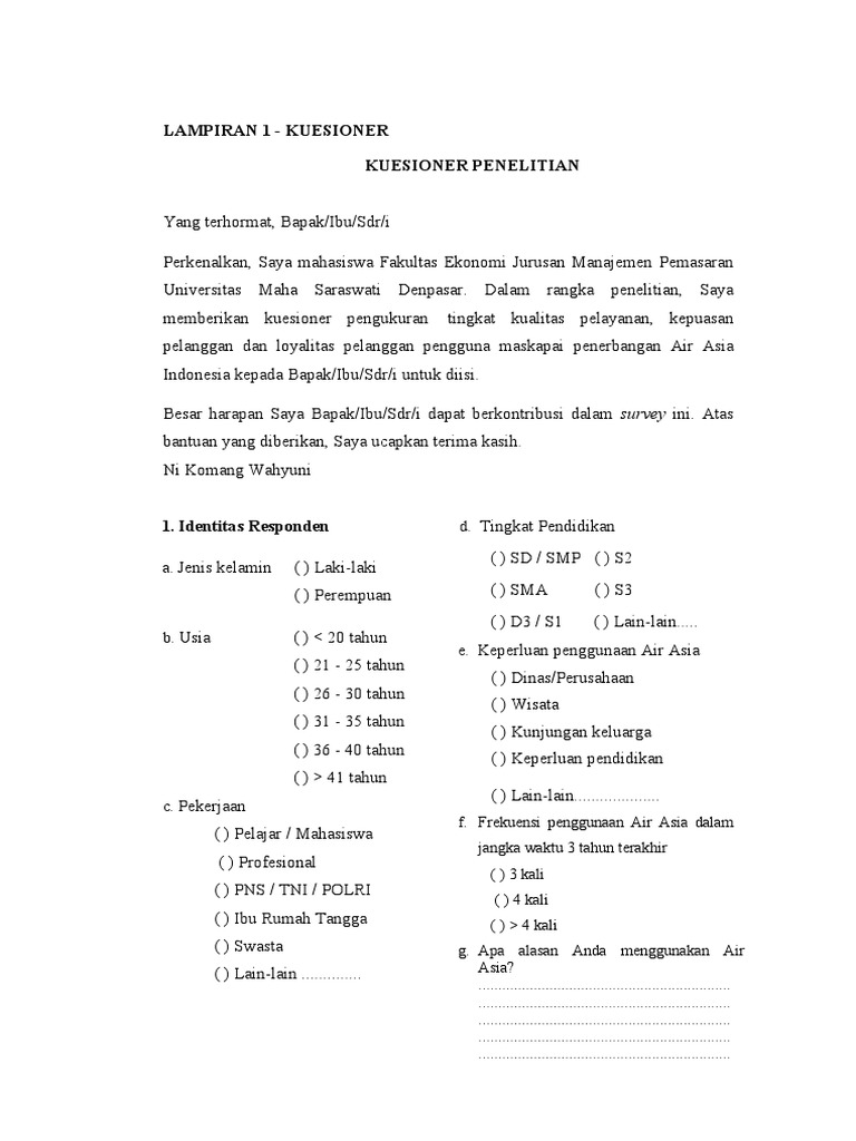 contoh kuisioner proposal | PDF