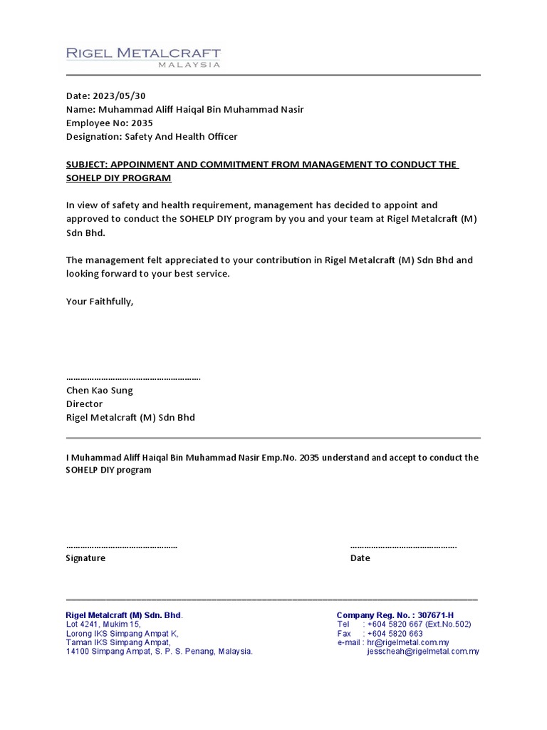 SOHELP DIY Program Appointment Letter | PDF
