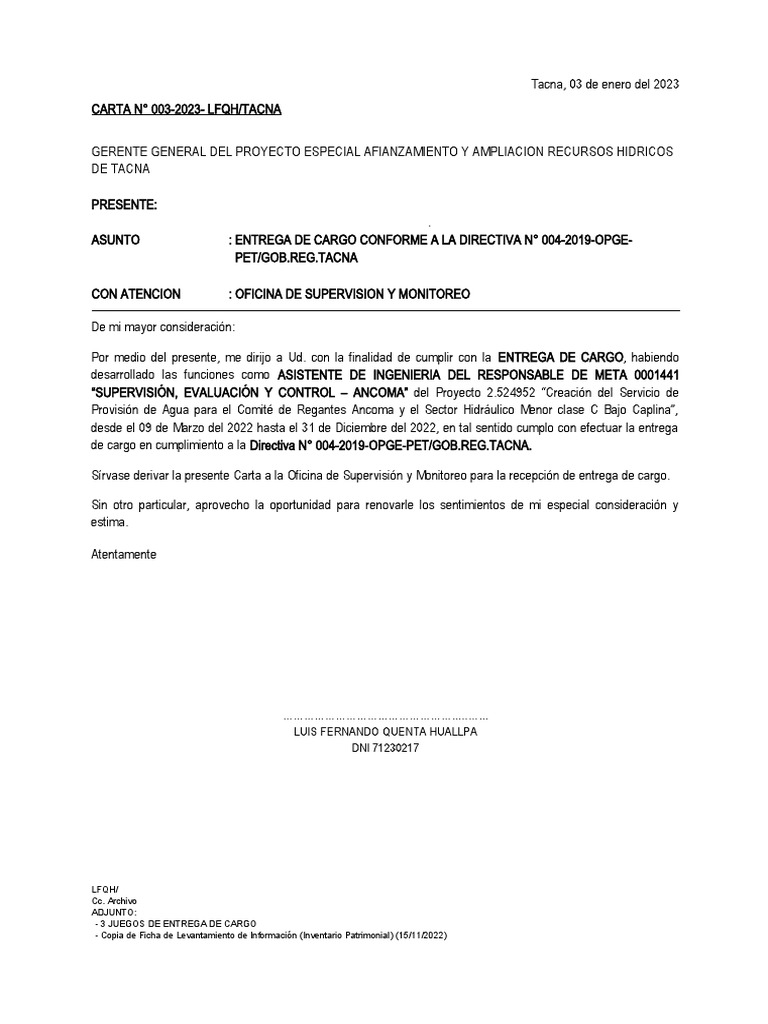 Carta Entrega de Cargo | PDF