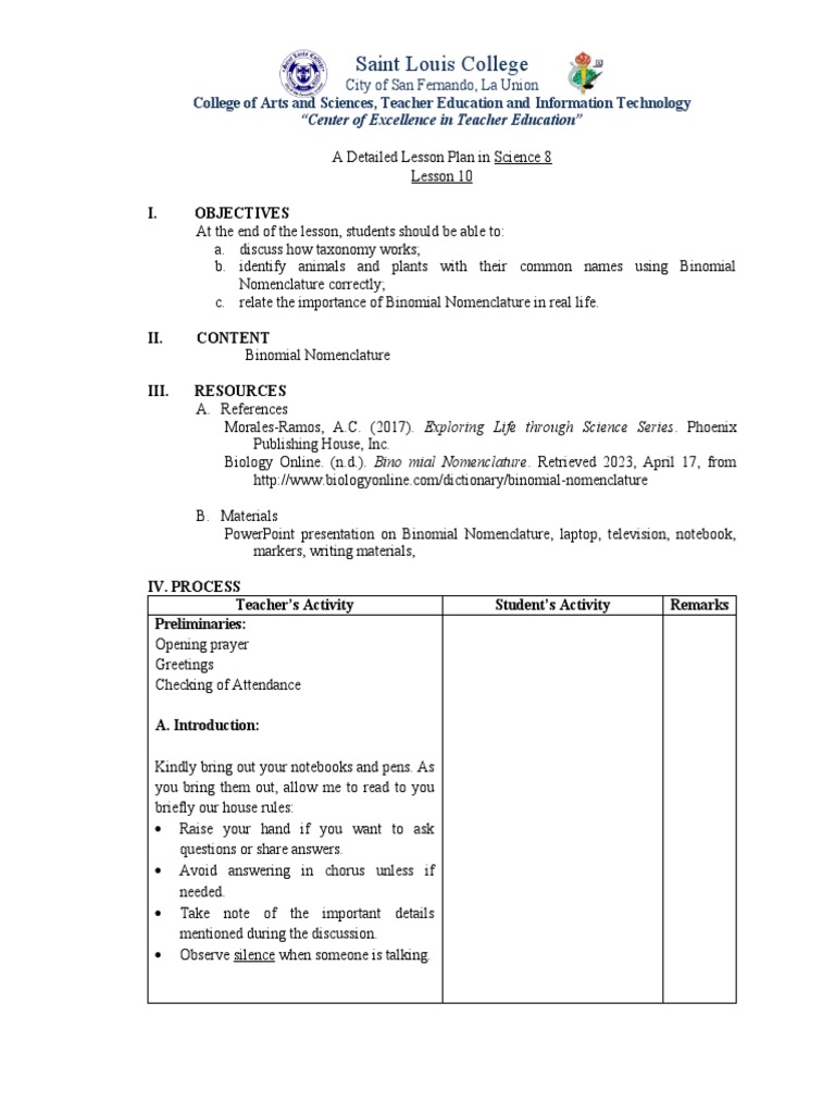 Taxonomy and Binomial Nomenclature Lesson | PDF | Biology