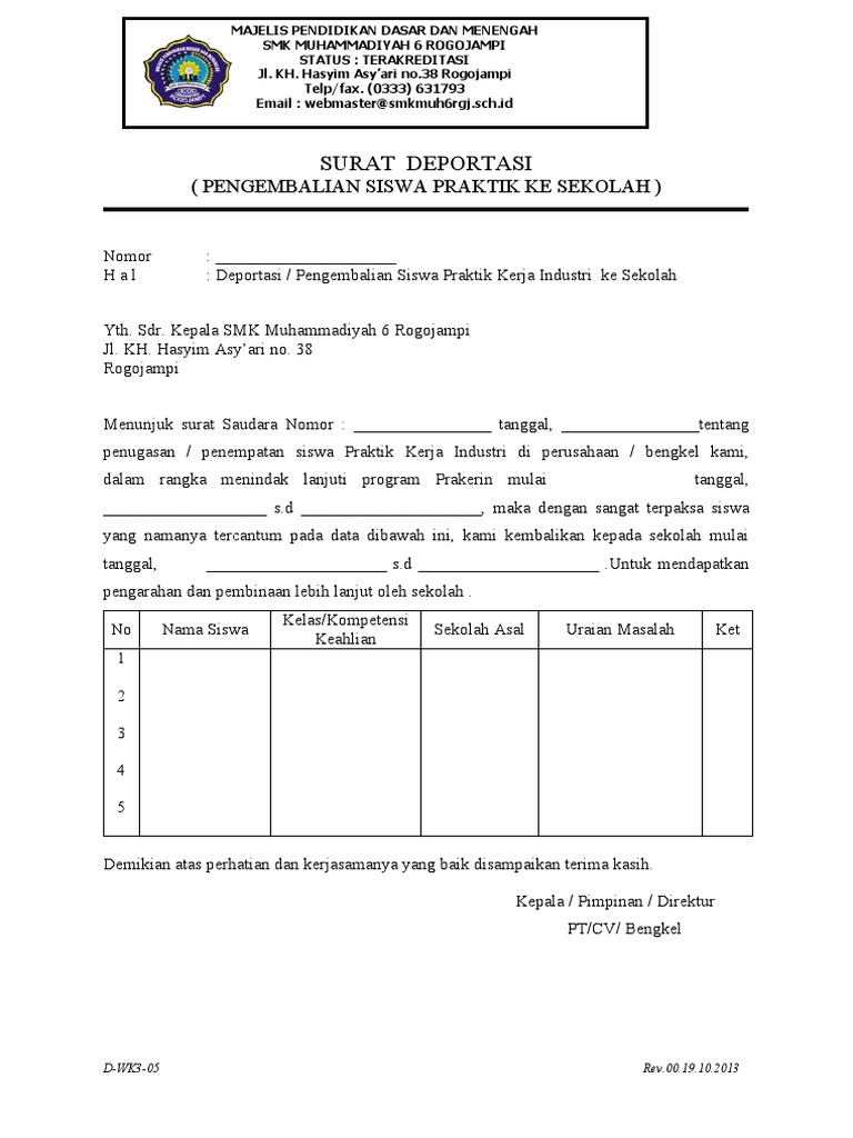 Surat Deportasi Siswa Praktik Kerja | PDF