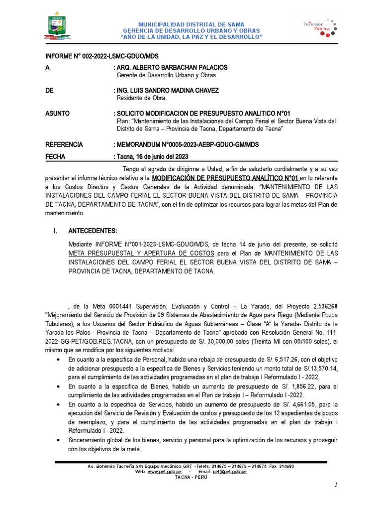 Informe 84 Modificación de Presupuesto Analítico #01 Del Plan de ...