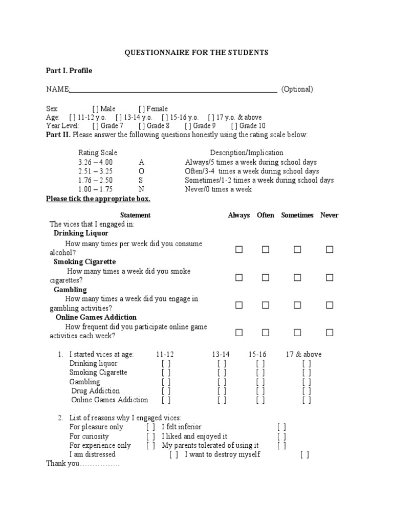 Student Questionnaire on Vices | PDF | Classroom | Cigarette