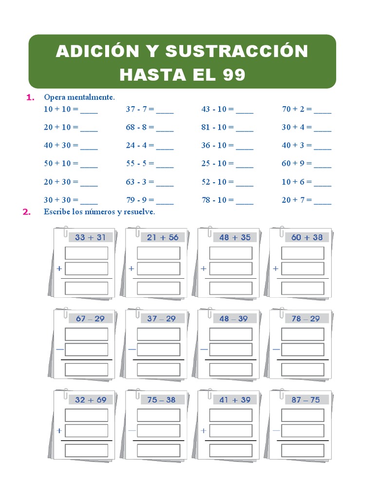 sumas y restas hasta el 99 | PDF