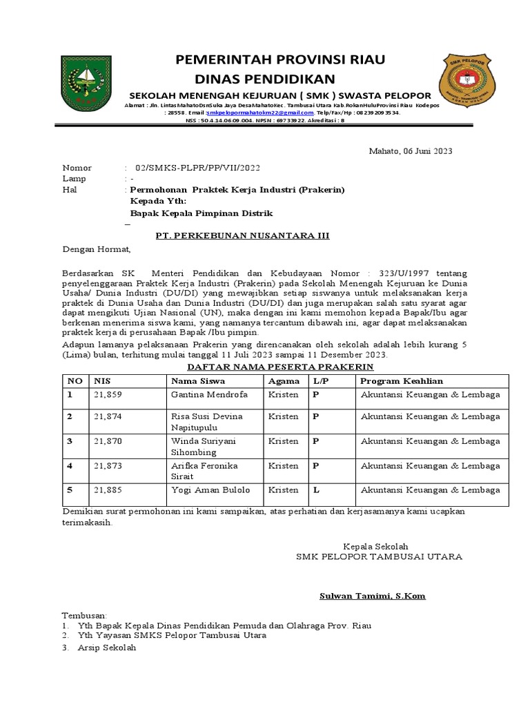 SK Permohonan PKL Distrik | PDF