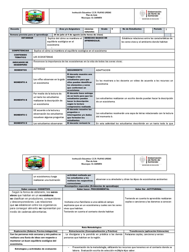 Modelo Plan de Aula Ciencias Naturales Grado 5° | PDF