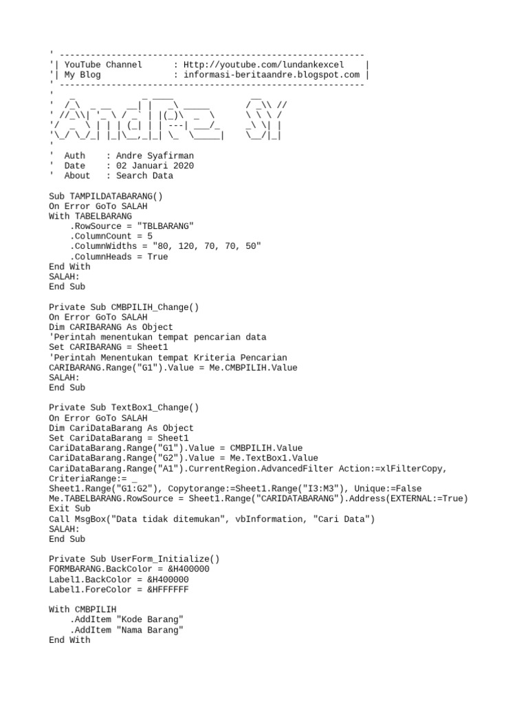 Coding Pencarian Data Vba Excel | PDF