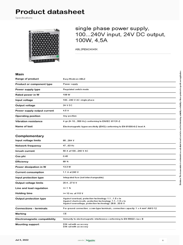Easy Modicon ABL2 - ABL2REM24045K | PDF | Power Supply | Electronics