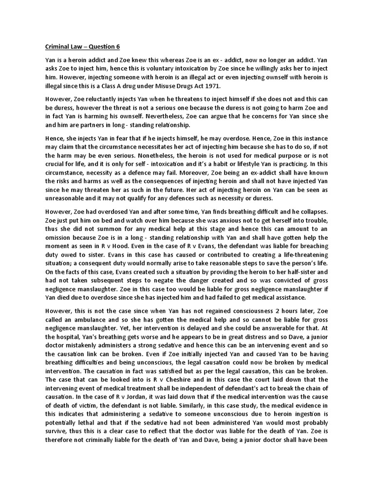 Criminal Law Question 6 Yan and Zoe | PDF | Causation (Law) | Negligence