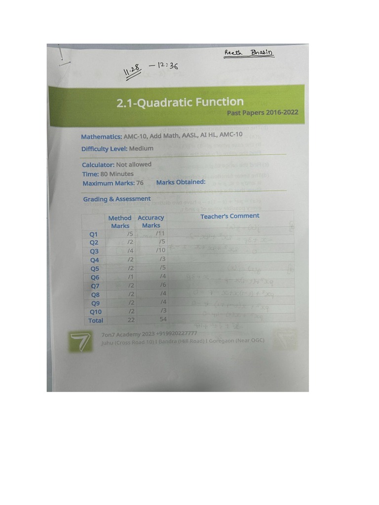 Test 1_Quadratics_Reeth | PDF