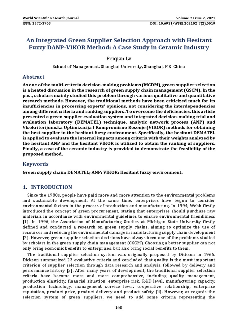 An Integrated Green Supplier Selection Approach With Hesitant Fuzzy ... An Integrated Green Supplier Selection Approach With Hesitant Fuzzy ...