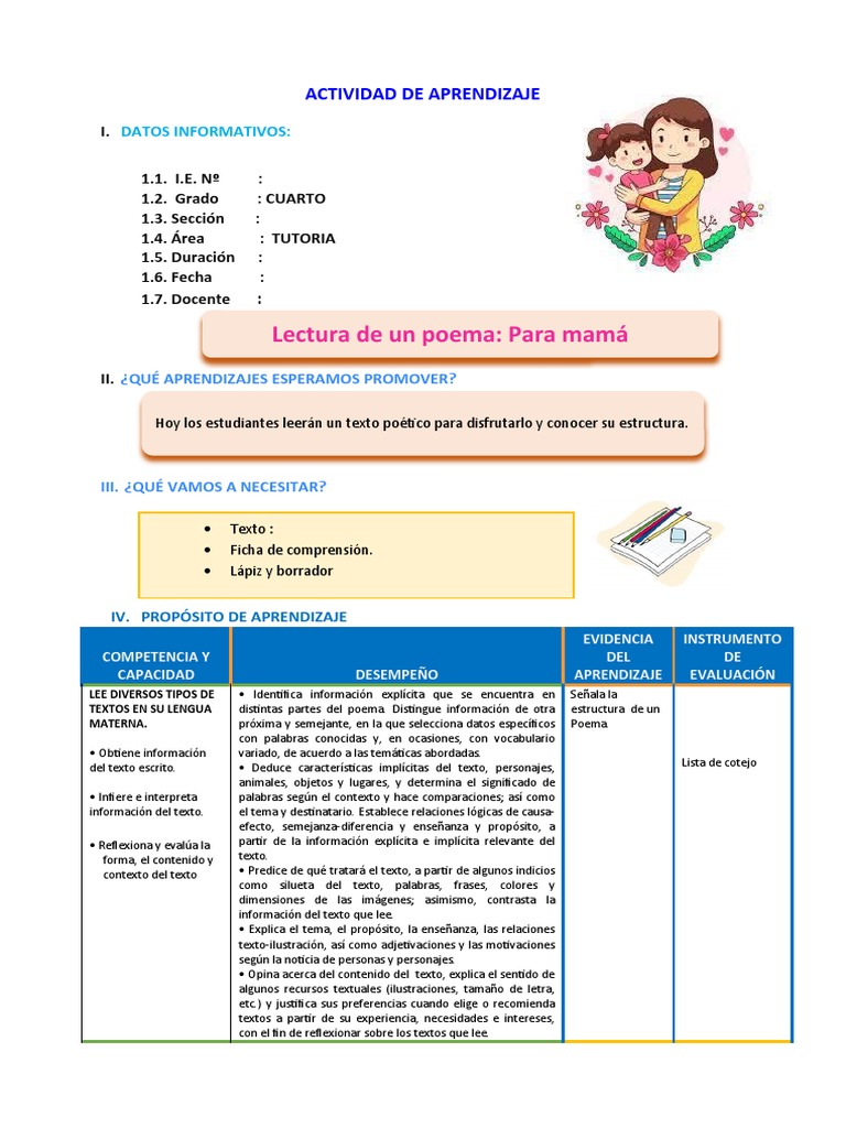 D1 A1 SESION COM. Lectura de Un Poema para Mamá | PDF | Poesía ...