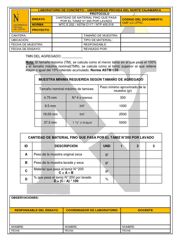 Protocolo Cantidad de Material Fino Que Pasa Por El Tamiz #200 - Fe de ...