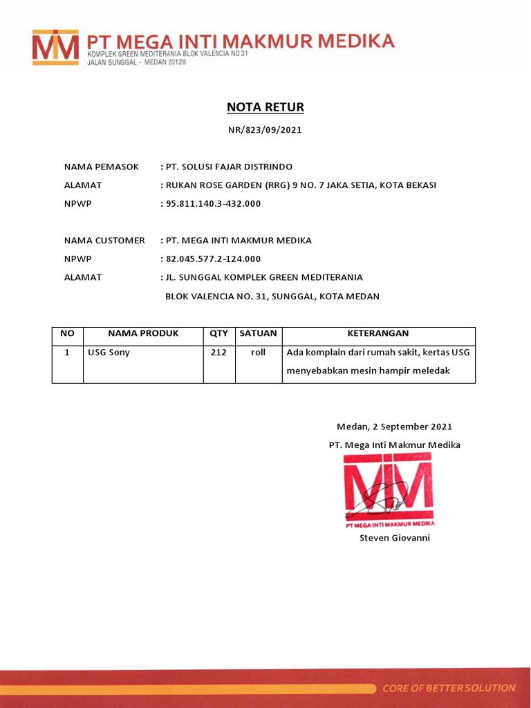 823 NOTA RETUR PT Solusi Fajar Distrindo | PDF
