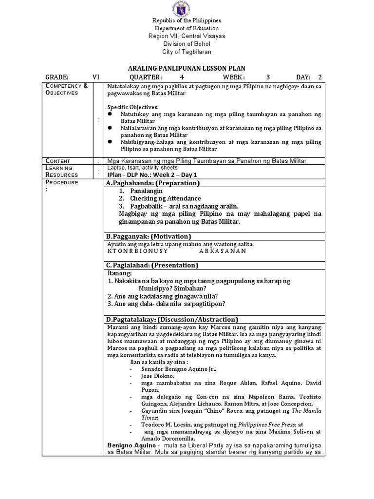 Araling Panlipunan Lesson Plan: Ompetency Bjectives | PDF