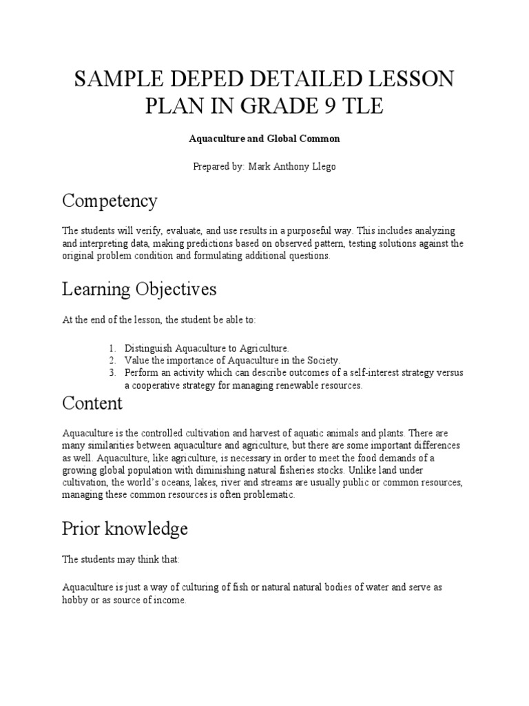 Detailed Lesson Plan in Grade 9 Tle | PDF | Aquaculture | Natural ...