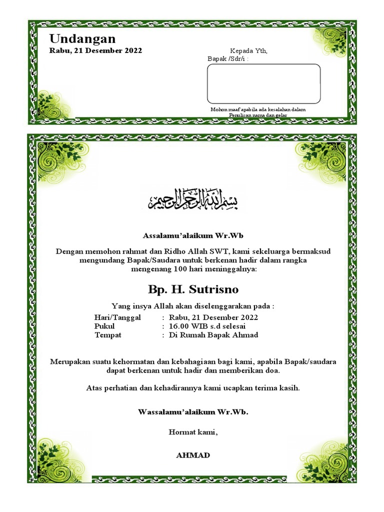 Contoh Surat Undangan 100 Hari | PDF