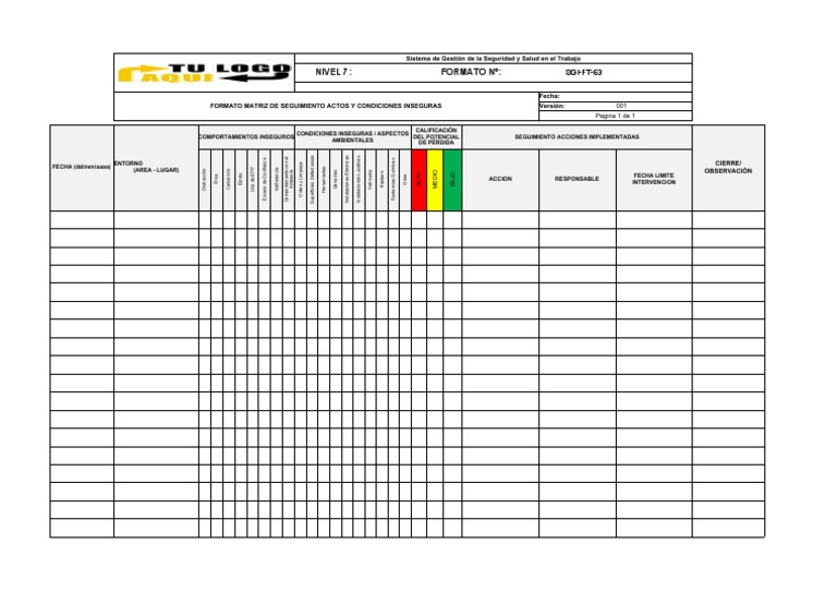 SGI-FT-63 Formato Matriz de Seguimiento de Actos y Condiciones Inseguras | PDF | Entorno natural
