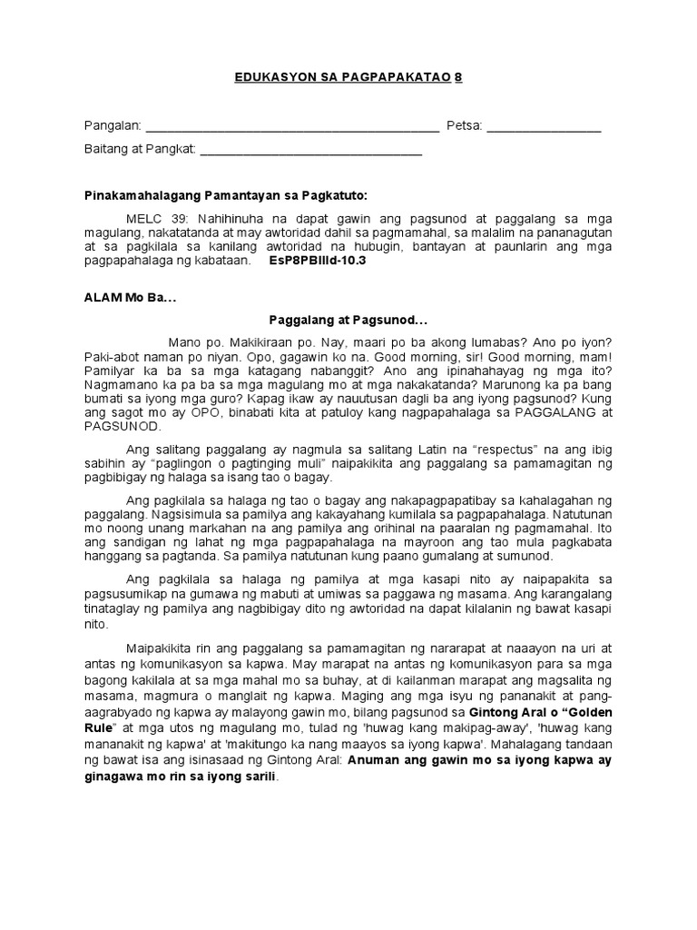 Esp 8 - q3 Lesson 2 Objectives 3 | PDF
