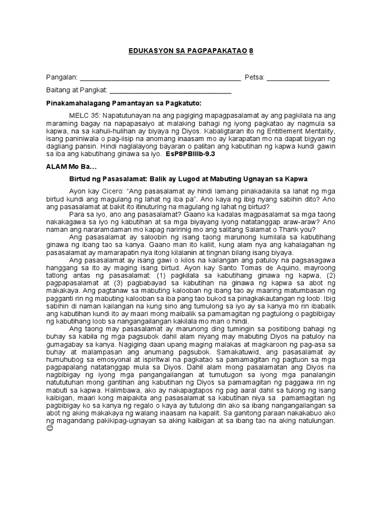 Esp 8 - q3 Las - Lesson 1 Objective 3 | PDF