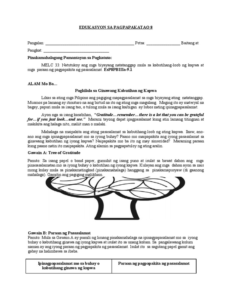 Esp 8 - q3 Lesson 1 Objective 1 | PDF