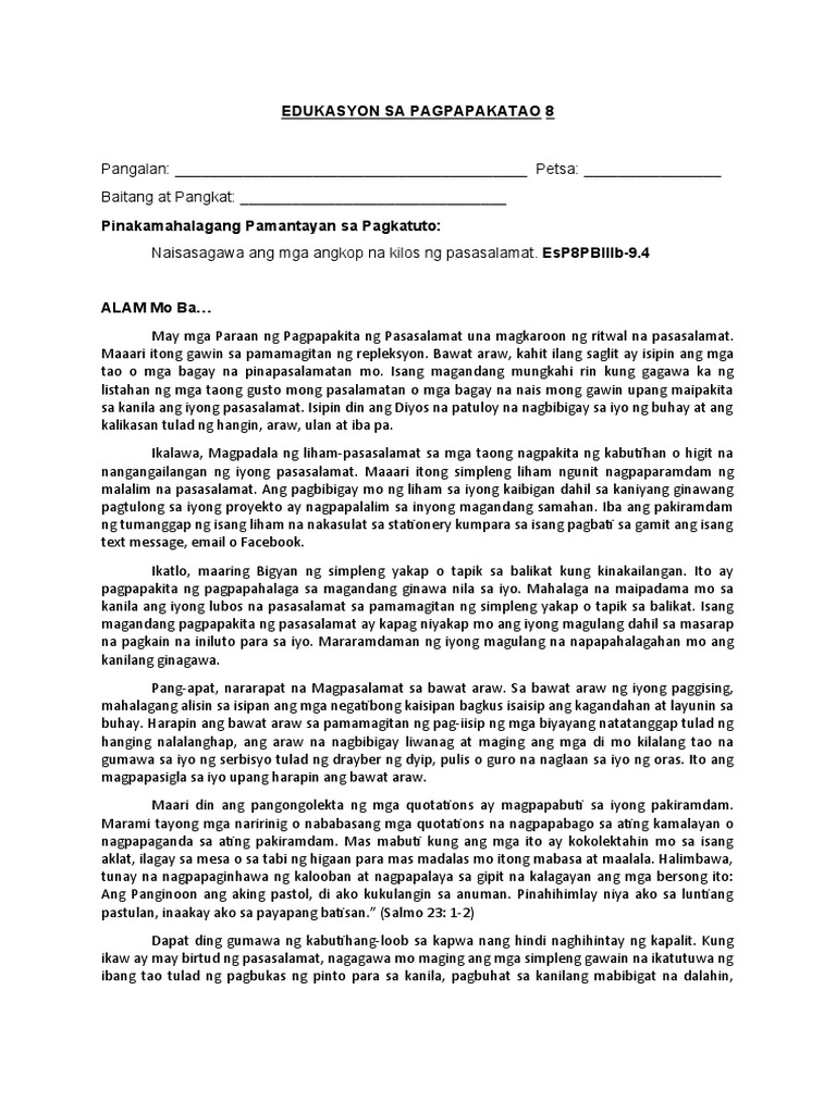 Esp 8 - q3 Lesson 1 Objective 4 | PDF