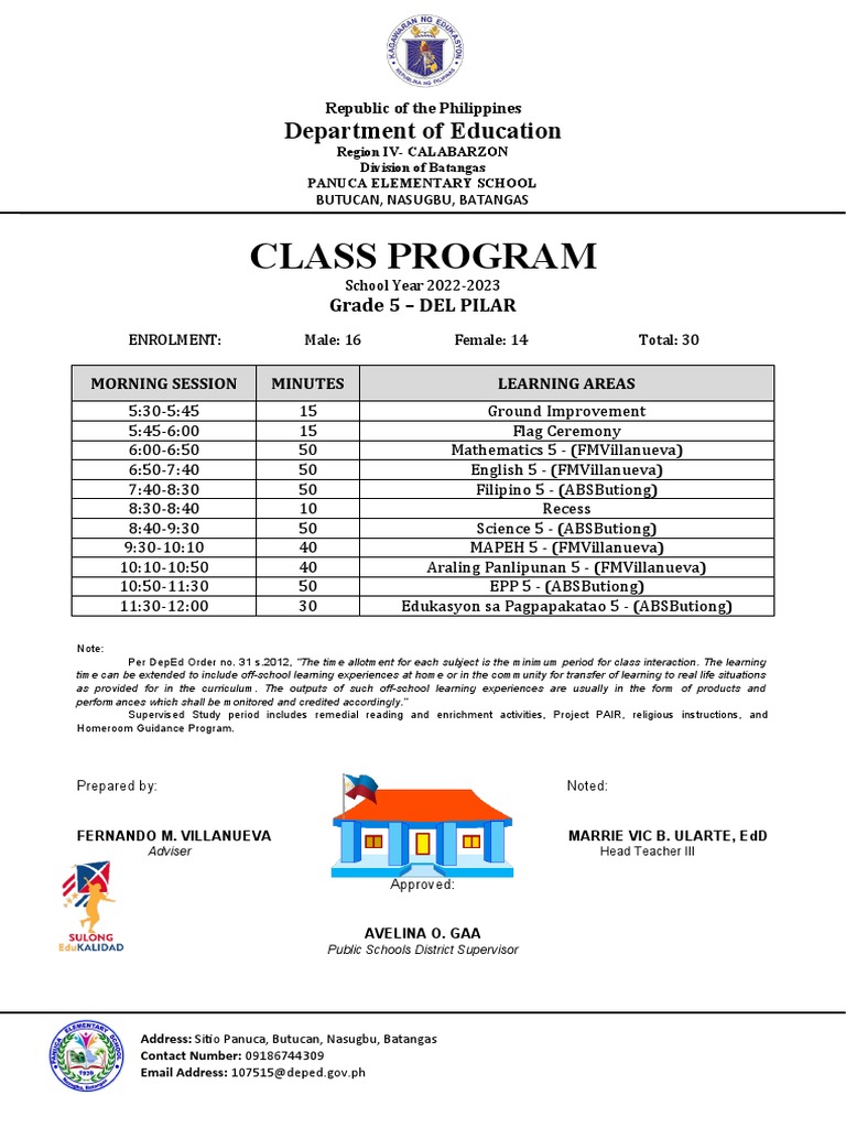 Grade 5 Class Program SY 2022 2023 Edited | PDF