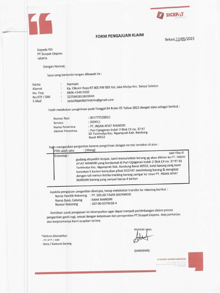 Form Pengajuan Klaim Sicepat | PDF