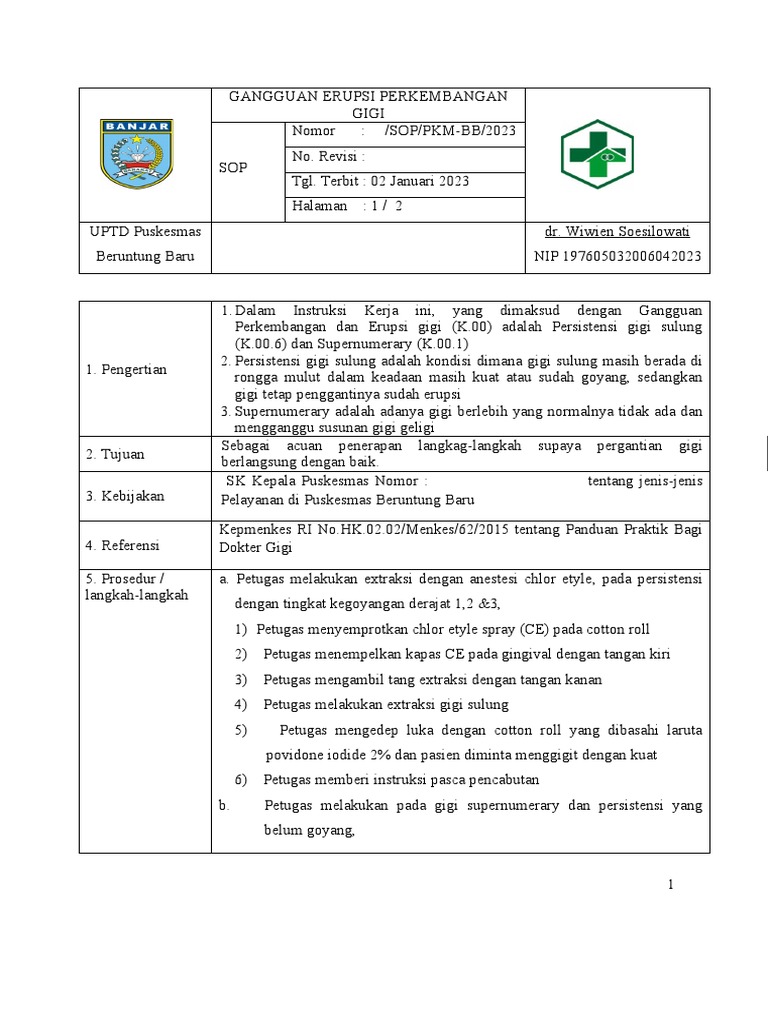 PKMBB SOP GANGGUAN ERUPSI PERKEMBANGAN GIGI Dan Daftar Tilik | PDF