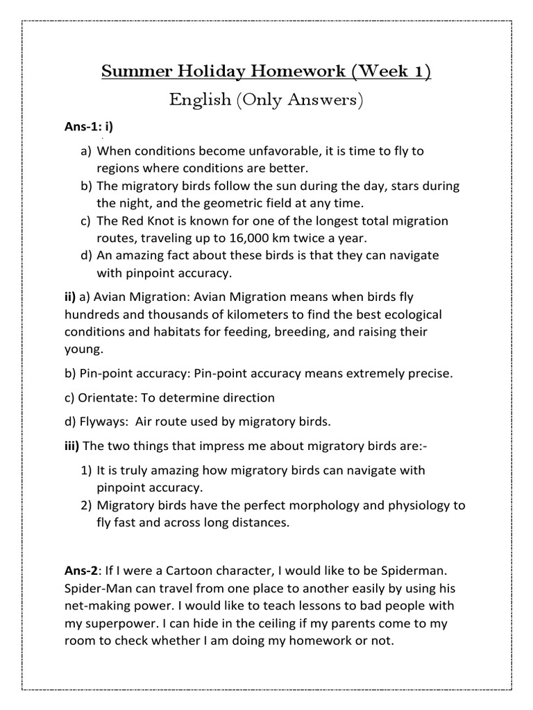 Summer Holiday Homework (English) | PDF