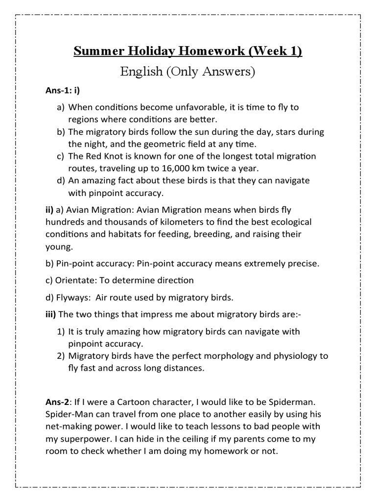 Summer Holiday Homework (English) | PDF