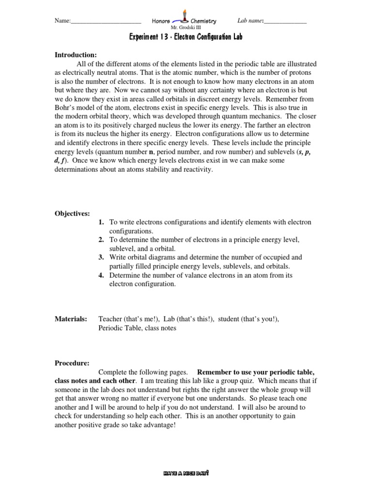 LAB 13 - Honors Electron Configuration0809 | PDF | Electron ...