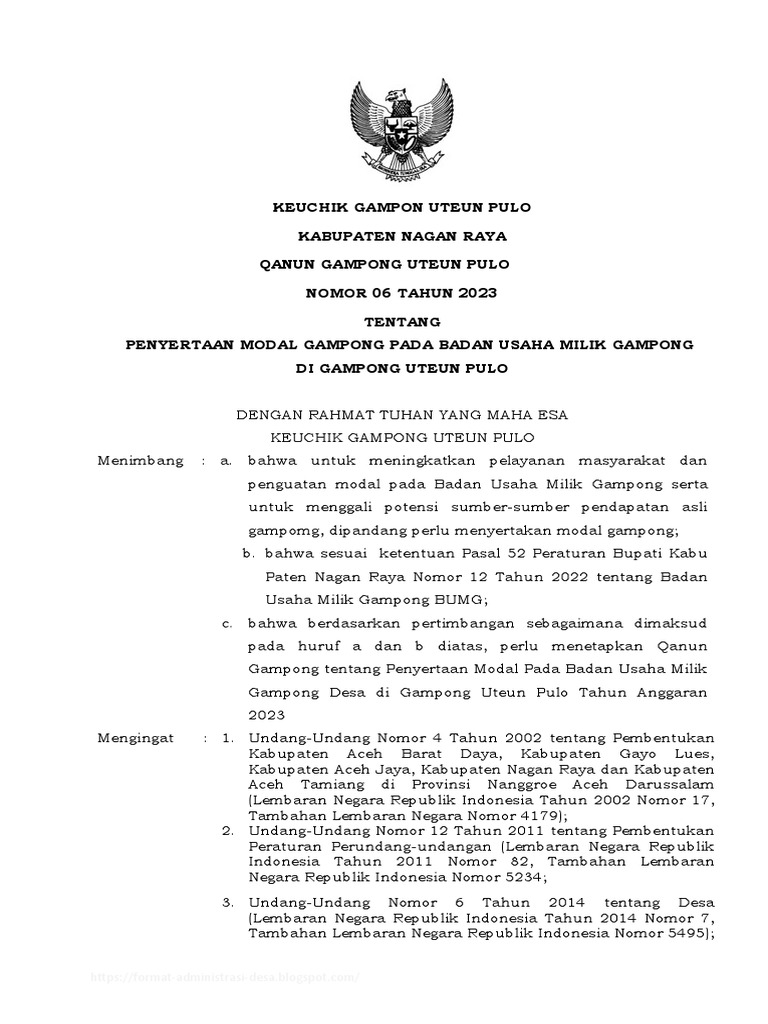 Perdes Tentang Penyertaan Modal Bum Desa | PDF