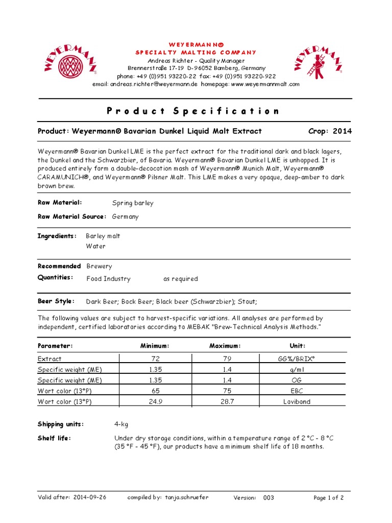 Weyermann® Bavarian Dunkel Liquid Malt Extract - Specification - 2014 ...