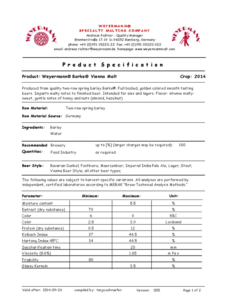 Weyermann® Barke® Vienna Malt - Specification - 2014 | PDF | Beer | Alcoholic Drinks