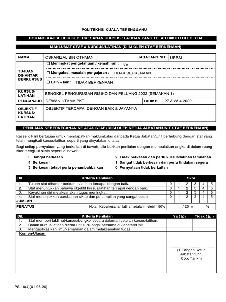 Borang Kajiselidik Keberkesanan Kursus Latihan Yang Telah Diikuti Oleh ...