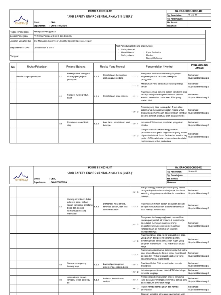 JSA PEKERJAAN PENGGALIAN | PDF