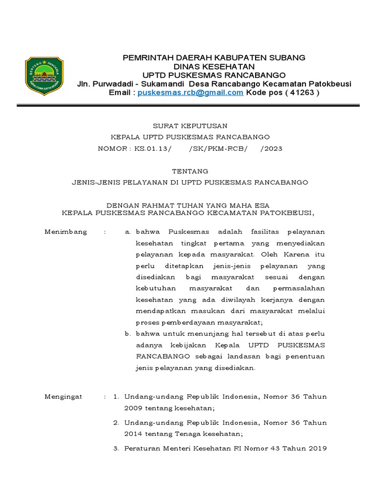 1.1.1.b SK KEPALA PUSKESMAS TENTANG JENIS-JENIS PELAYANAN | PDF | Kesehatan Holistik