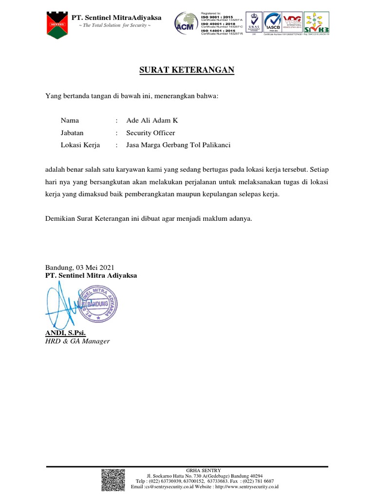 Surat Keterangan Karyawan Ade Ali | PDF