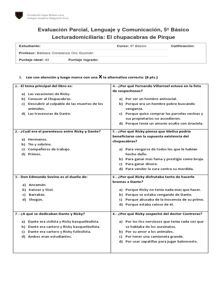 Prueba sobre "El Chupacabras de Pirque" | PDF