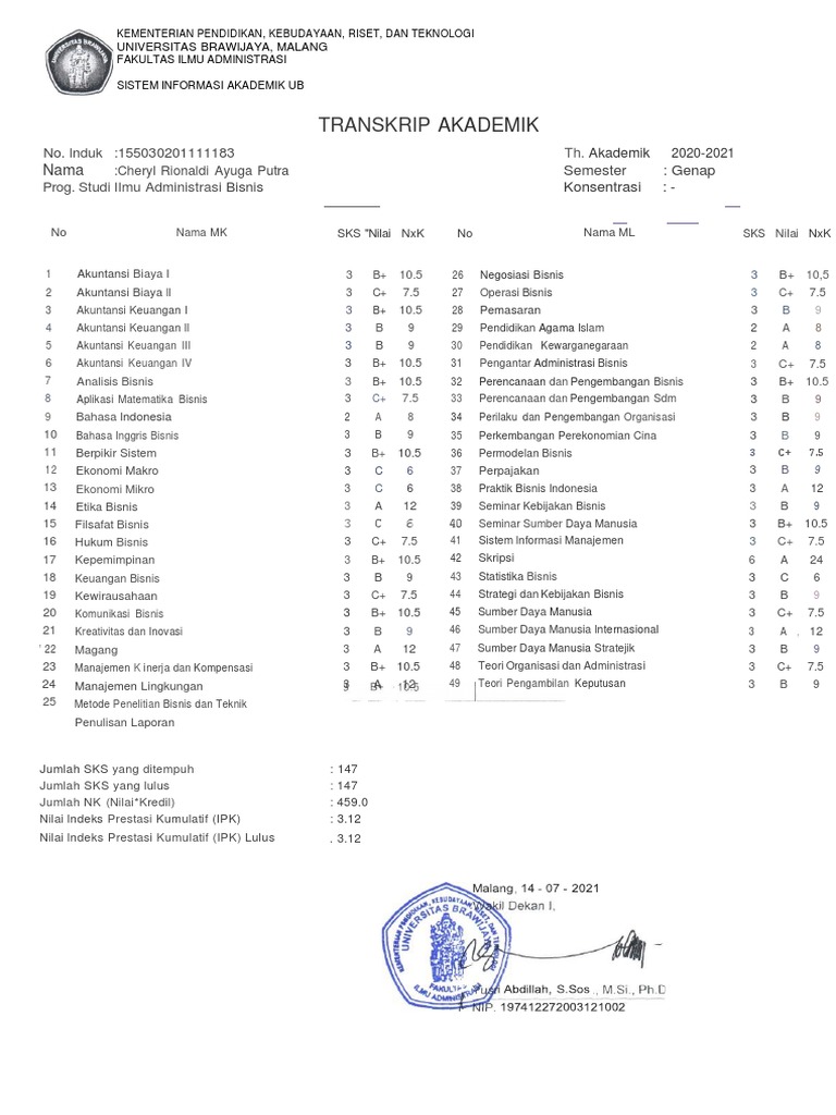 Transkrip Akademik Universitas Brawijaya | PDF