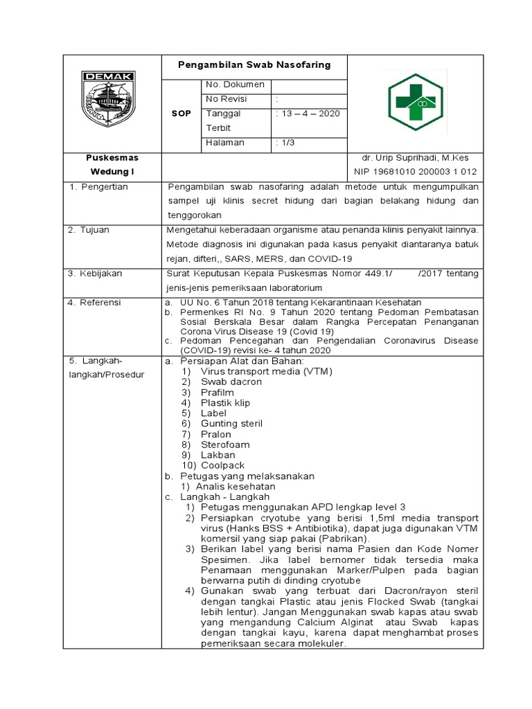 Sop Pengambilan Swab Naso | PDF