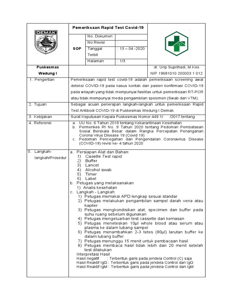 SOP Rapid Test Covid-19 Puskesmas Wedung | PDF