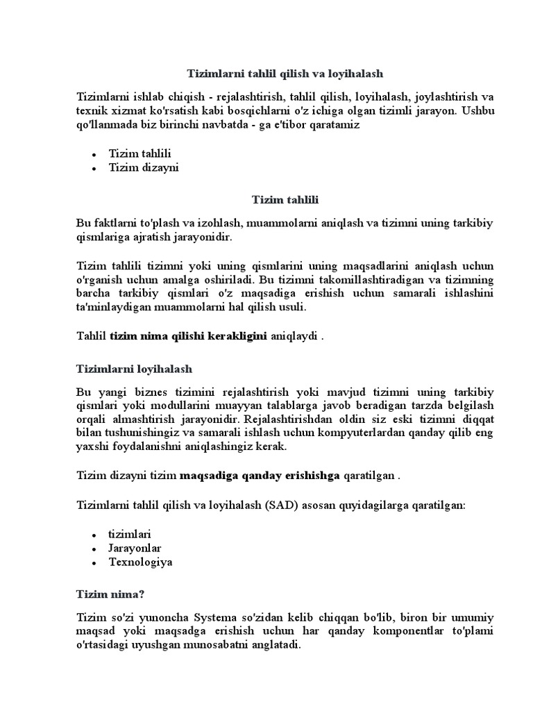 6, Tizimlarni Tahlil Qilish Va Loyihalash | PDF